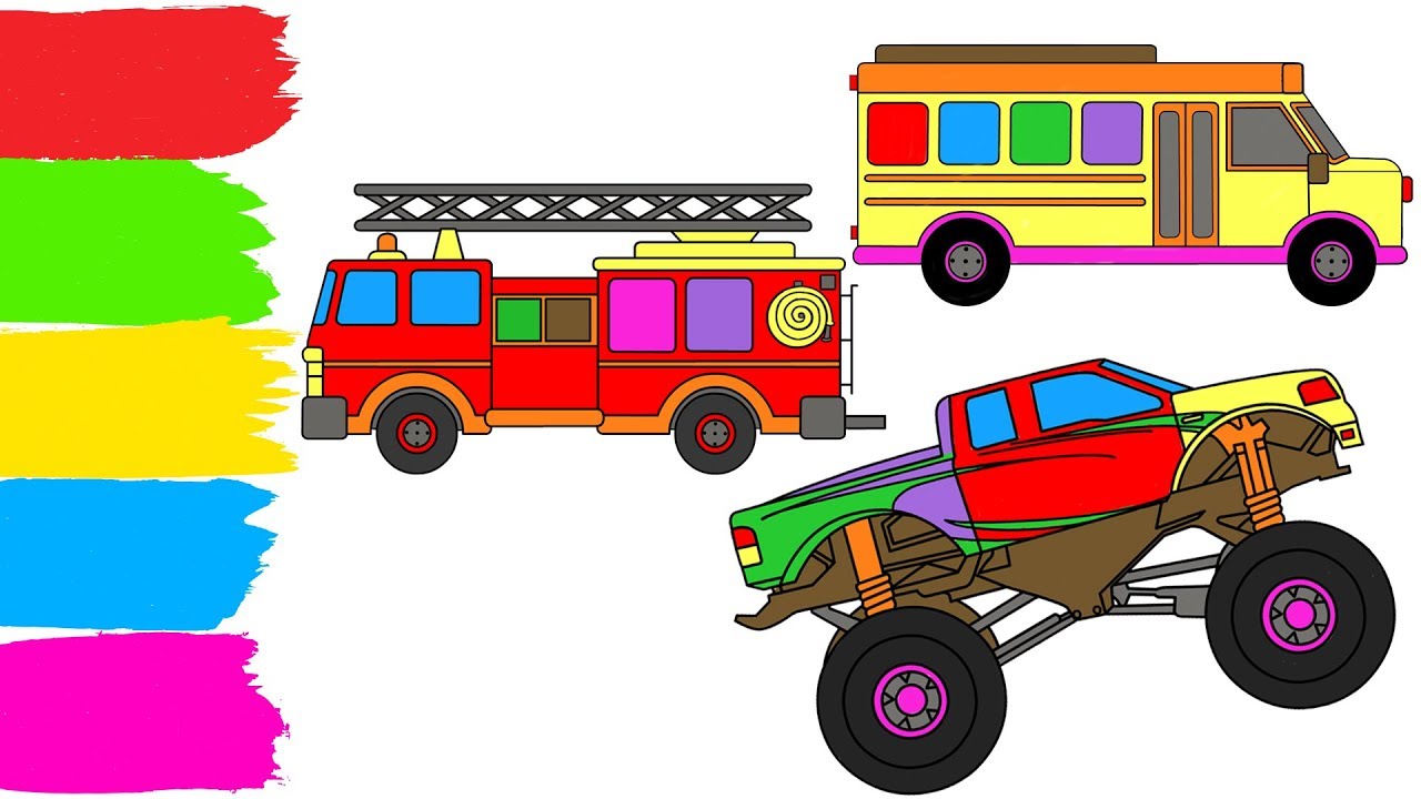 Learn to Color Monster Truck | School Bus | Fire Truck | for KIDS - YouTube