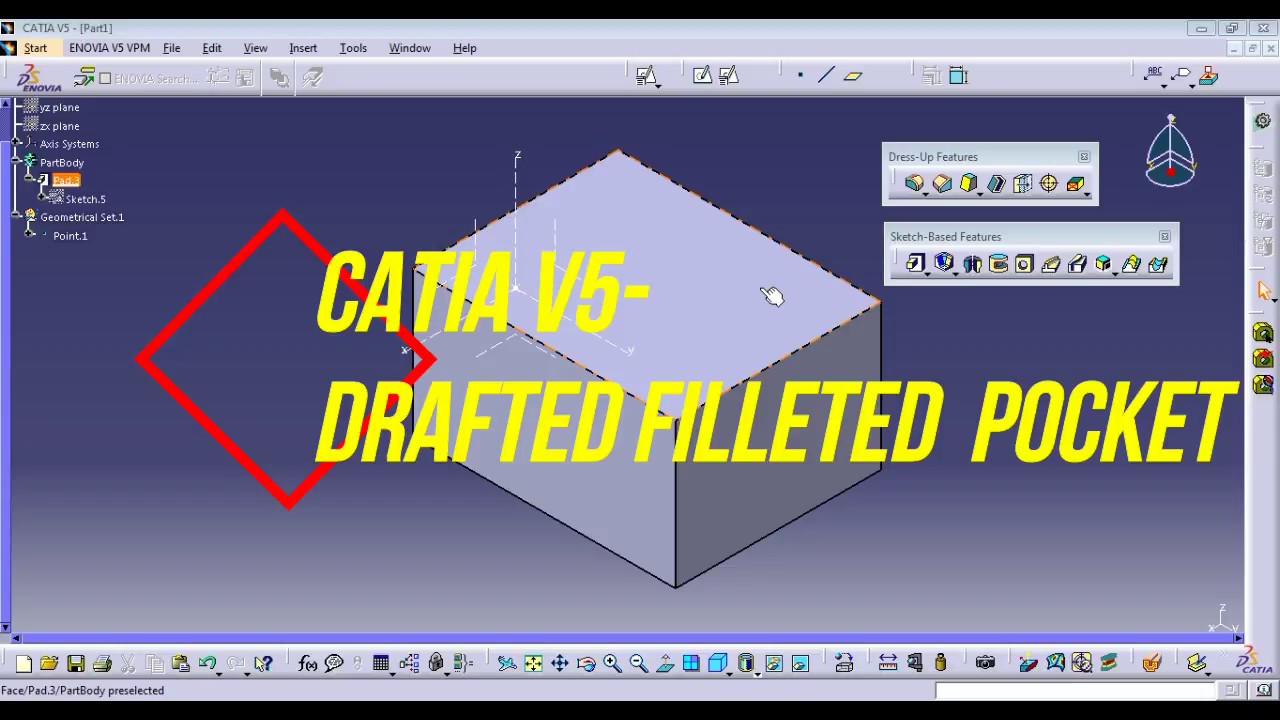 DRAFTED FILLETED POCKET IN CATIA - YouTube