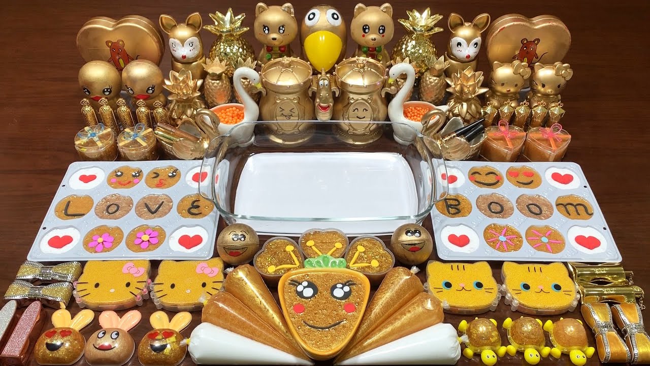 GOLD Slime !! Mixing Random Things Into Slime !! Satisfying Slime ...