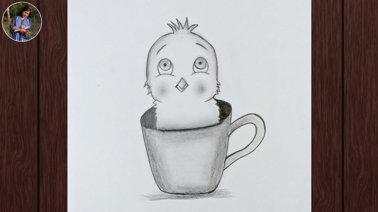 Chick sitting in a cup drawing tutorial || Chick pencil drawing idea ...
