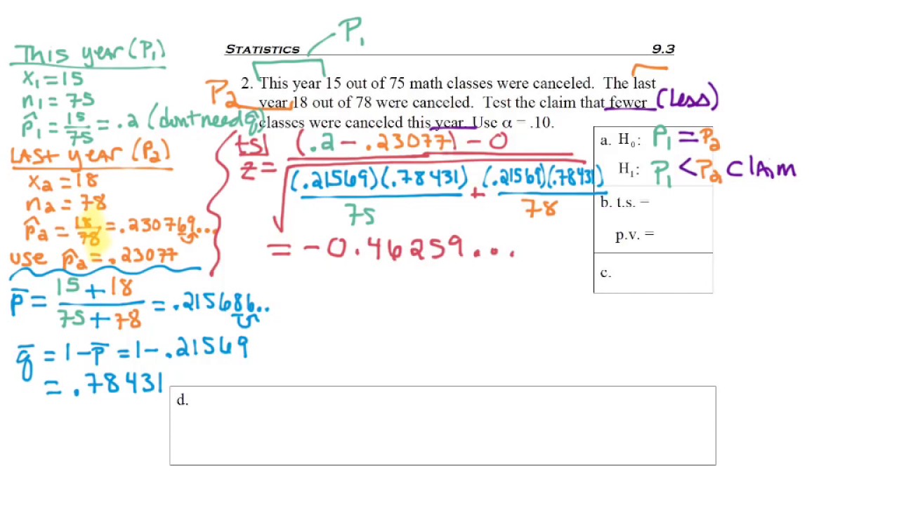 9.3 - part 5 - Hyp Test 2 Proportions ex 2 - YouTube