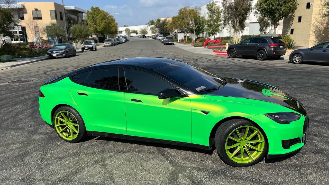 Tesla model s wrapped in fluorescent green vinyl!!! Gotta see it - YouTube