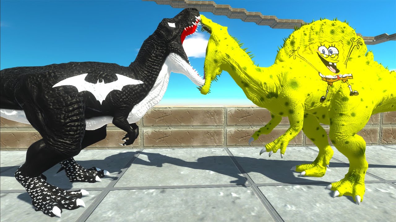 SPONGEBOB SPINOSAURUS vs BATMAN T-REX DEATH FALL - Animal Revolt Battle ...