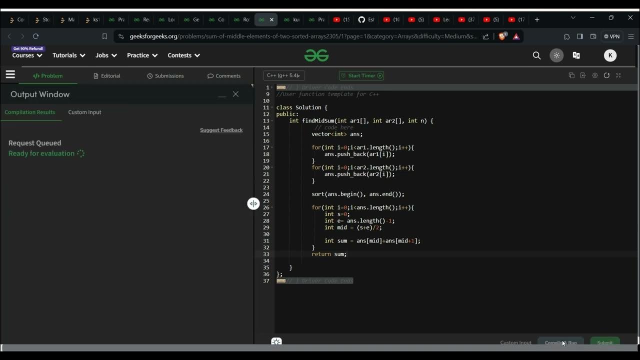 GFG || Medium Level || Problem || Sum of Middle Element of Sorted Array || Solution - YouTube