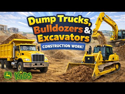 Dump Trucks, Bulldozers & Excavators On The Job! John Deere Kids