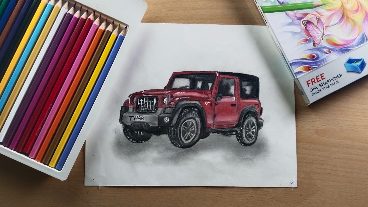 3D Mahindra Thar drawing with doms pencil colour | doms colour pencil ...