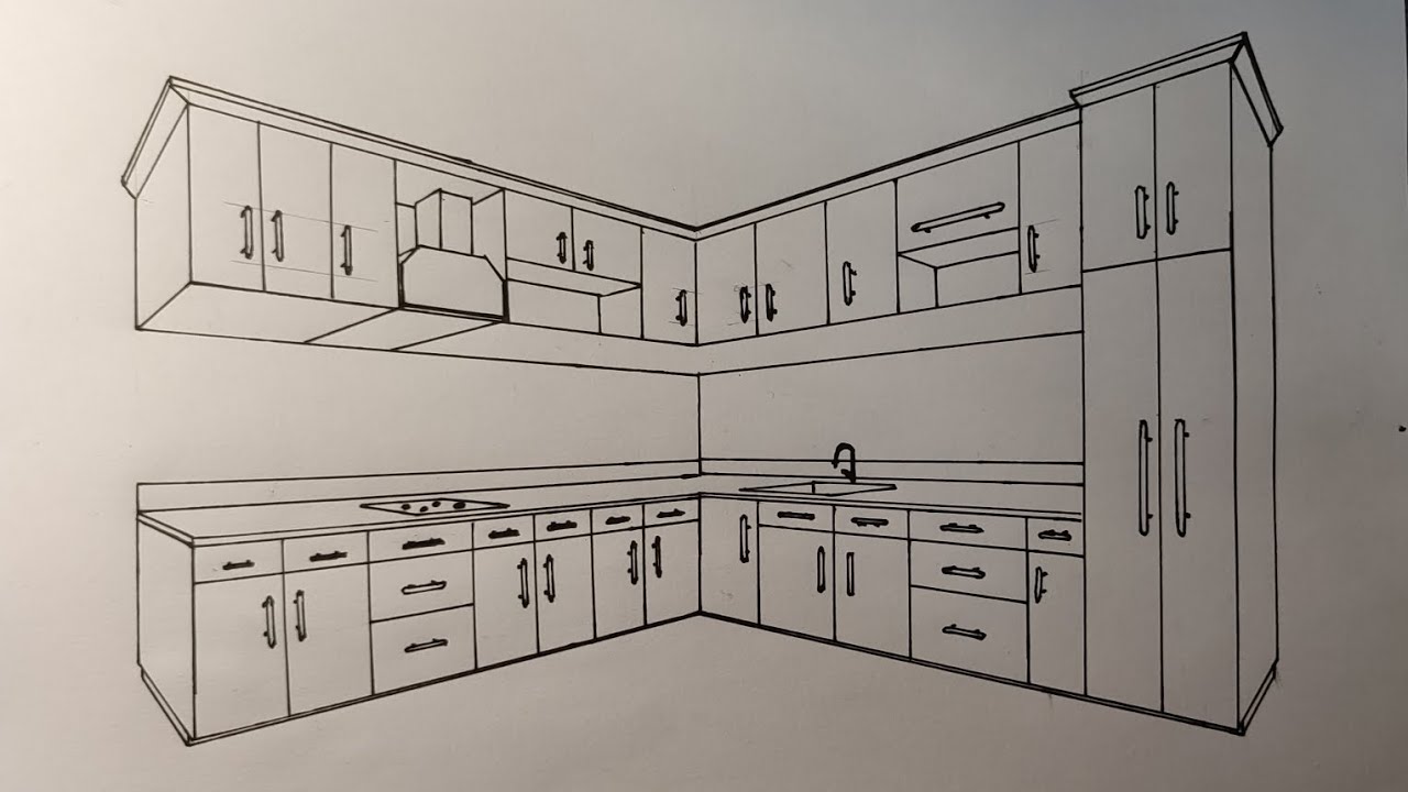 How to draw a kitchen in 2-point perspective - YouTube