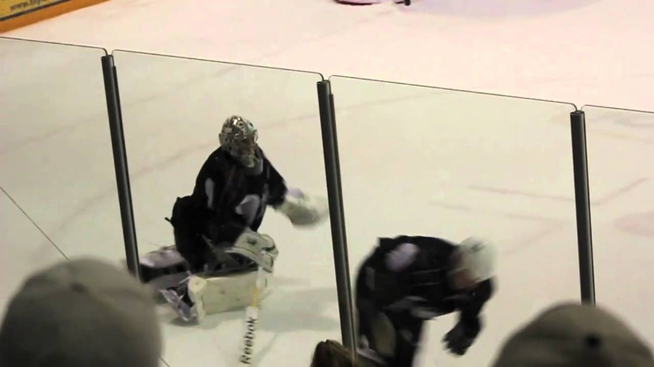 Marc-Andre Fleury attacking Jordan Staal during a Practice Shootout 3 ...