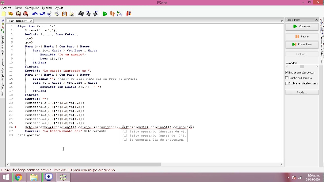Como Hacer una Matriz 3x3 que halle la determinante con Pseint - YouTube