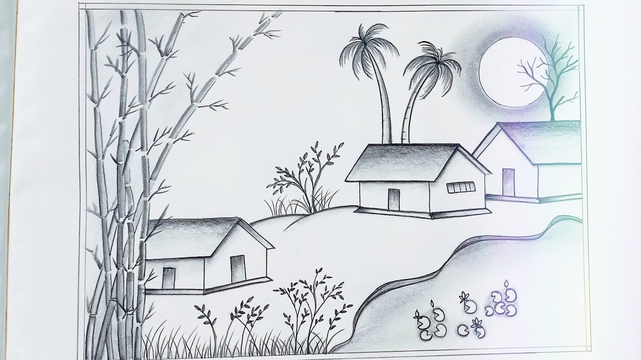 Village scenery drawing step by step #naturedrawing #villagedrawing # ...