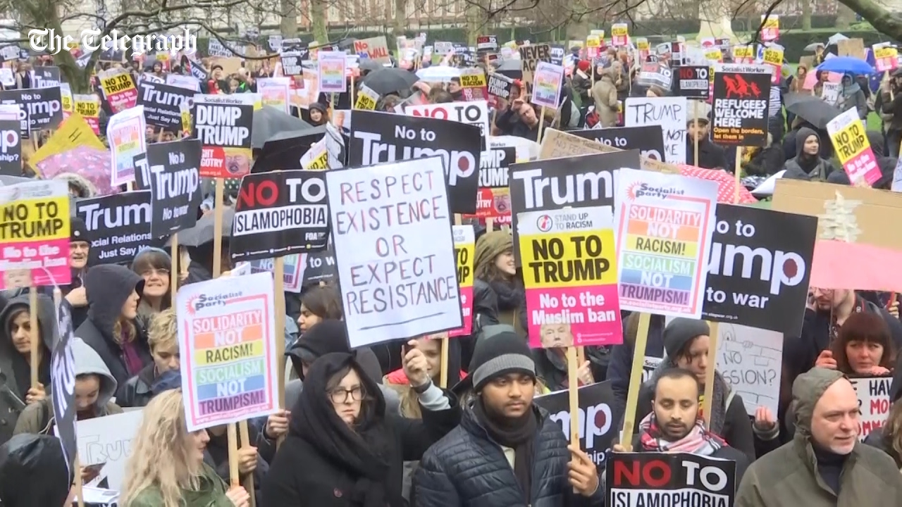 Thousands protest Trump's travel ban outside US embassy in London - YouTube