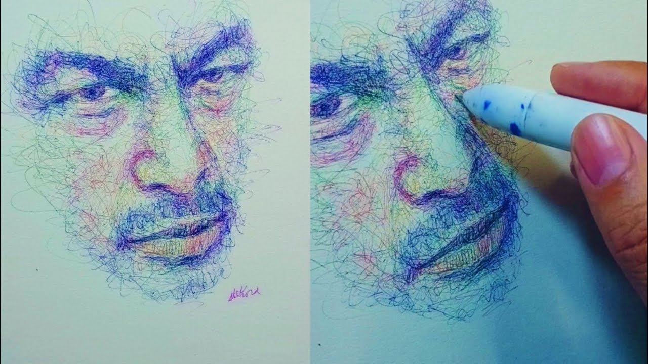 Pen Portrait Drawing with Colored Pens - YouTube