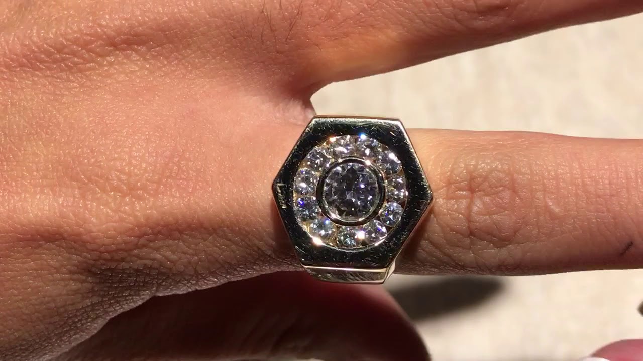 Men’s Natural Diamond Ring Hexagon Set in 14k Yellow Gold - 13.6 Grams ...