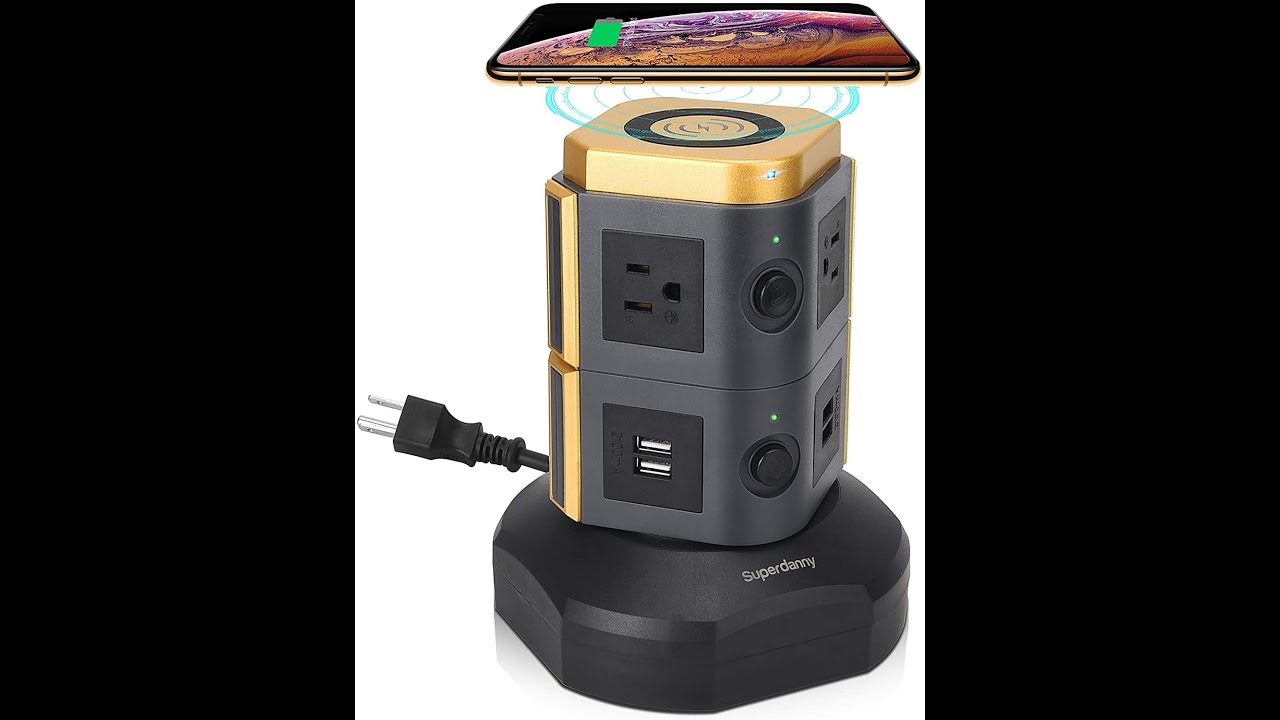 SUPERDANNY Power Strip Tower with 10W Wireless Charger, Spin Standing ...