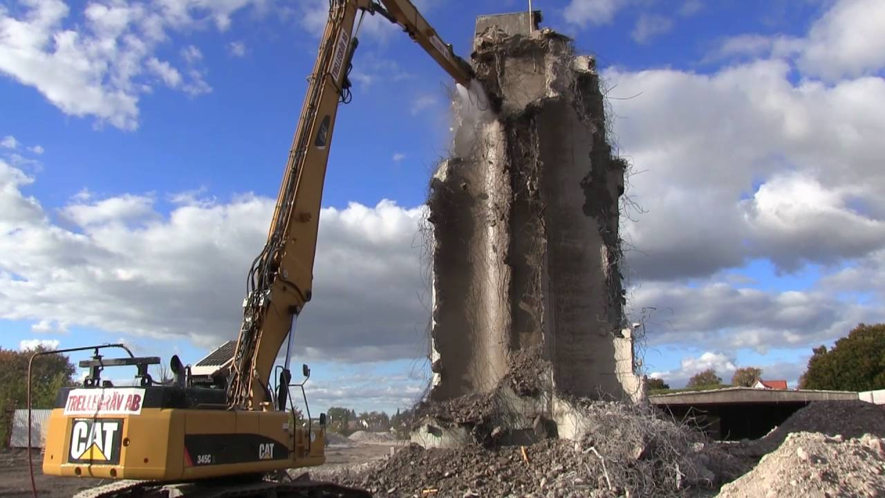 Silo Demolition Caterpillar 345C L Long Reach Excavator (part 2) - YouTube