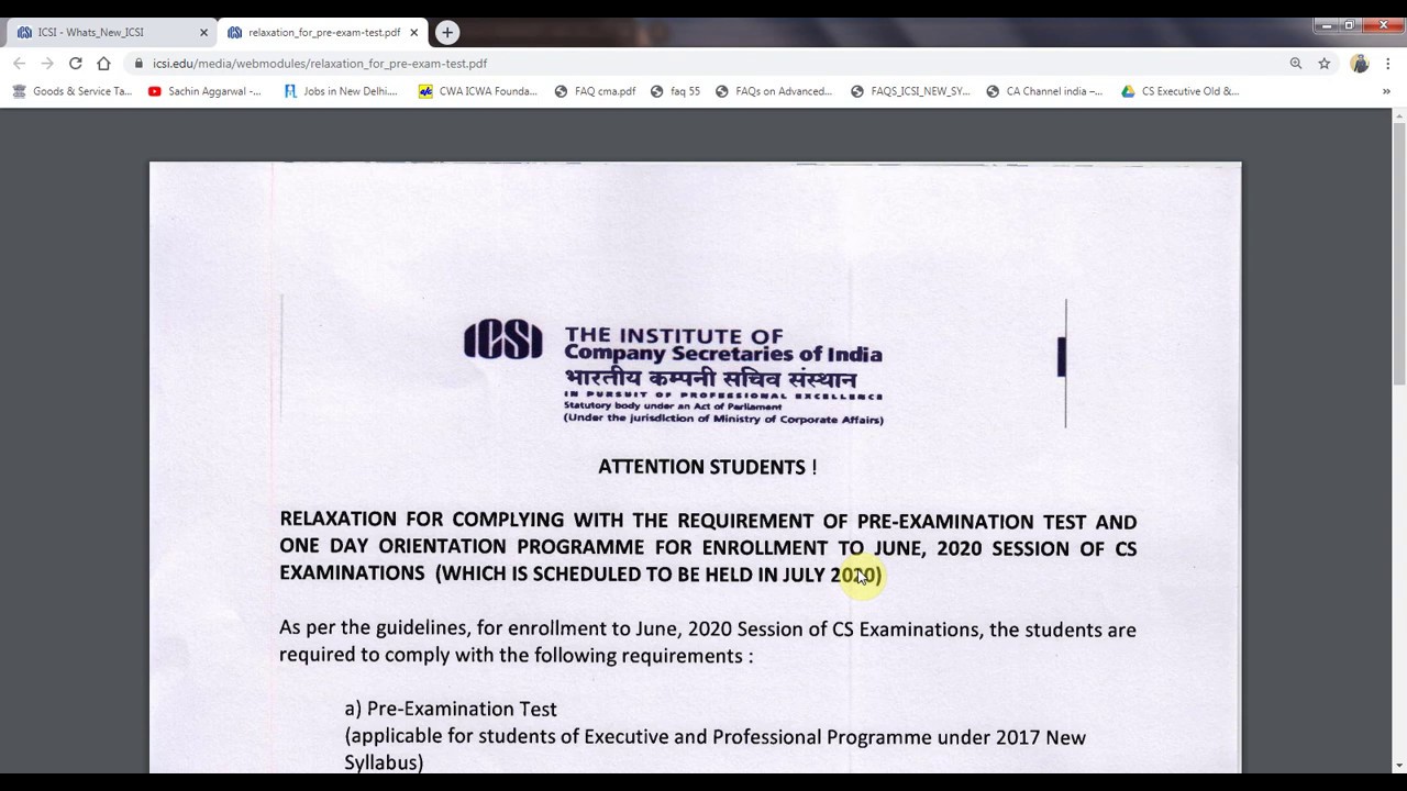 ICSI relax Pre Exam Test & Orientation Prog for July 2020 Exams - YouTube