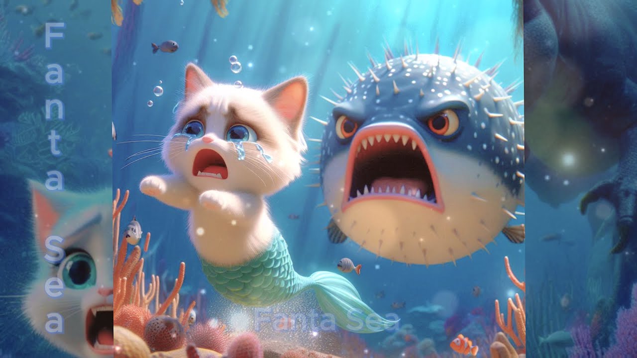 Daddy Fights Puffer fish to Save a mermaid kitten 🐬🙀#mermaid #cat # ...