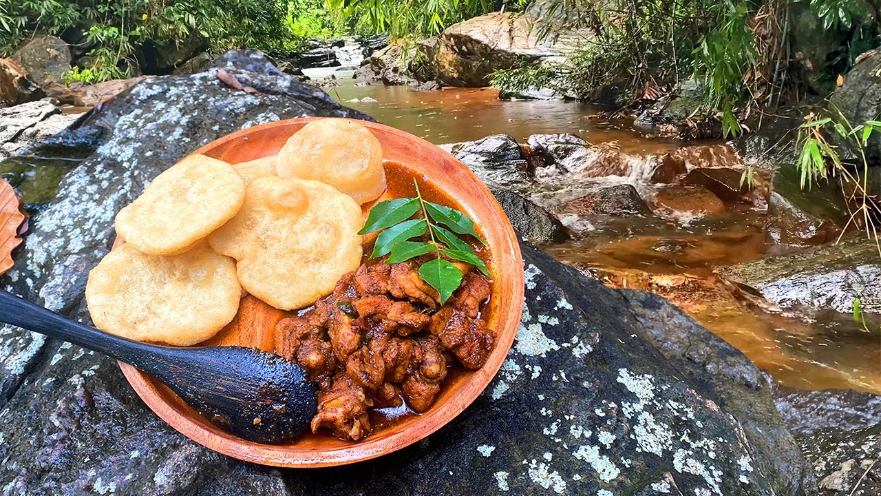 Easy Poori and Chicken Curry Recipe cooked near a beautiful river ASMR ...