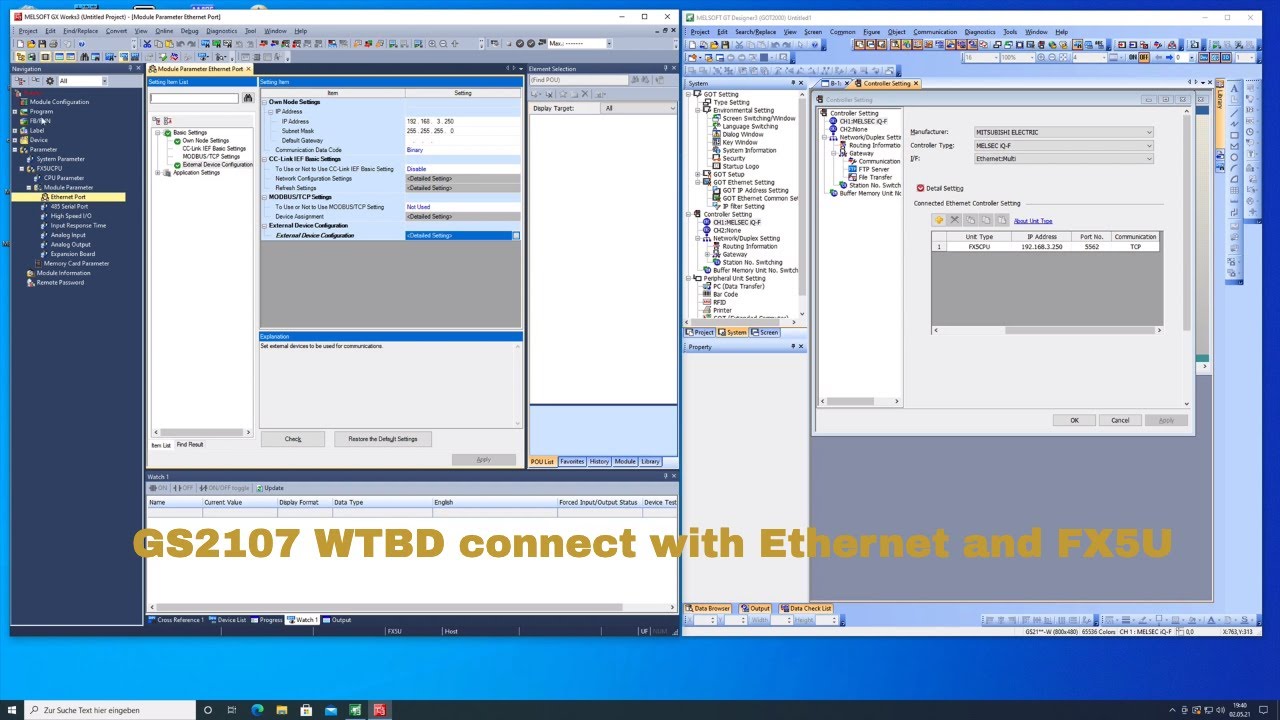 Mitsubishi GS2107 WTBD connect ethernet with FX5U - YouTube