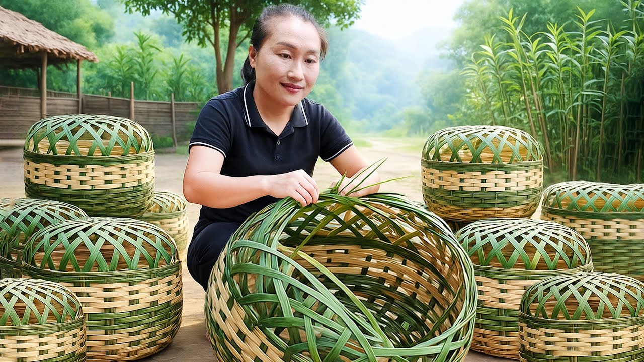 Traditional process of weaving bamboo baskets, harvest vegetables and ...