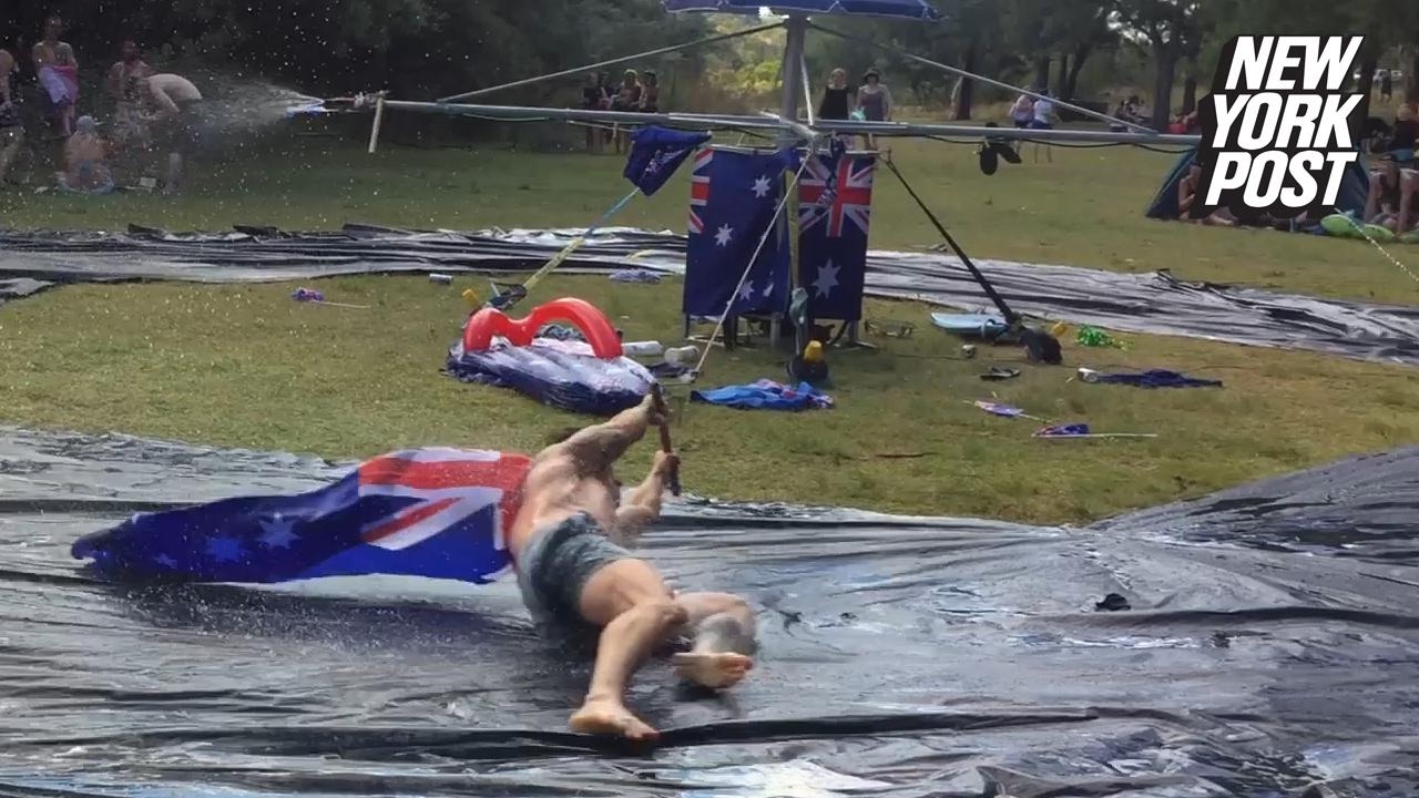 Australians have the most fun with giant backyard Slip and Slide - YouTube