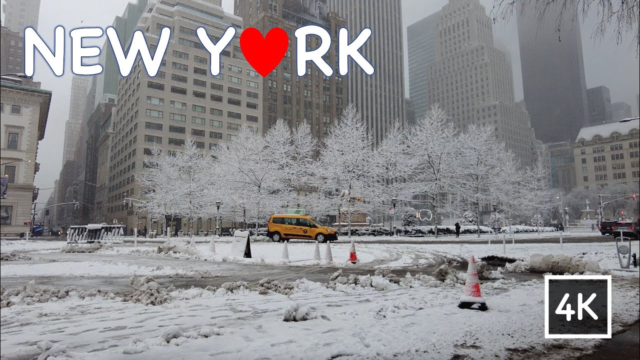 New York City, Midtown Manhattan City Snow Day Walk Tour, Times Square ...