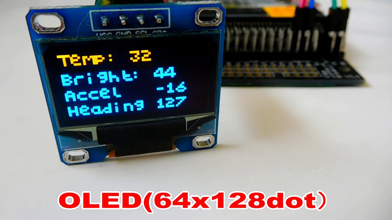 micro:bit OLED(64x128) 各センサー出力値を表示 - YouTube