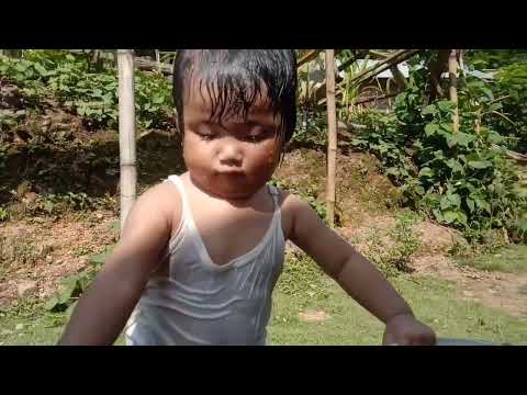 #Camping Little girl #bathing herself