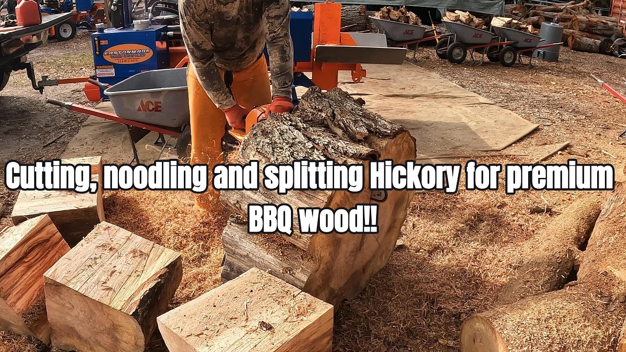 Cutting and splitting 36" Hickory rounds! - YouTube