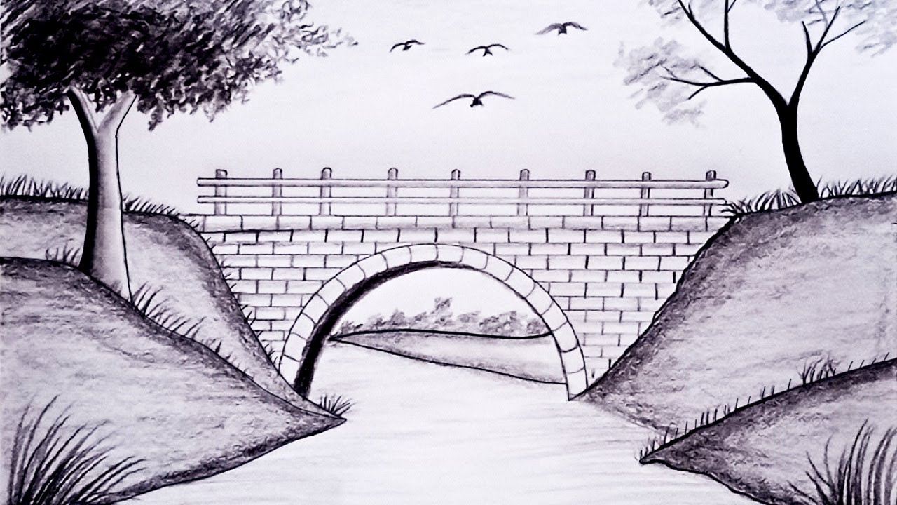 How to draw a landscape hill village scenery step by step !! Easy ...