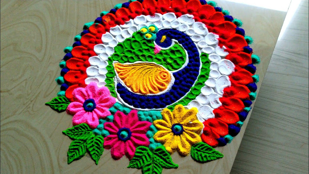 Independence day rangoli designs with peacock & flowers - YouTube