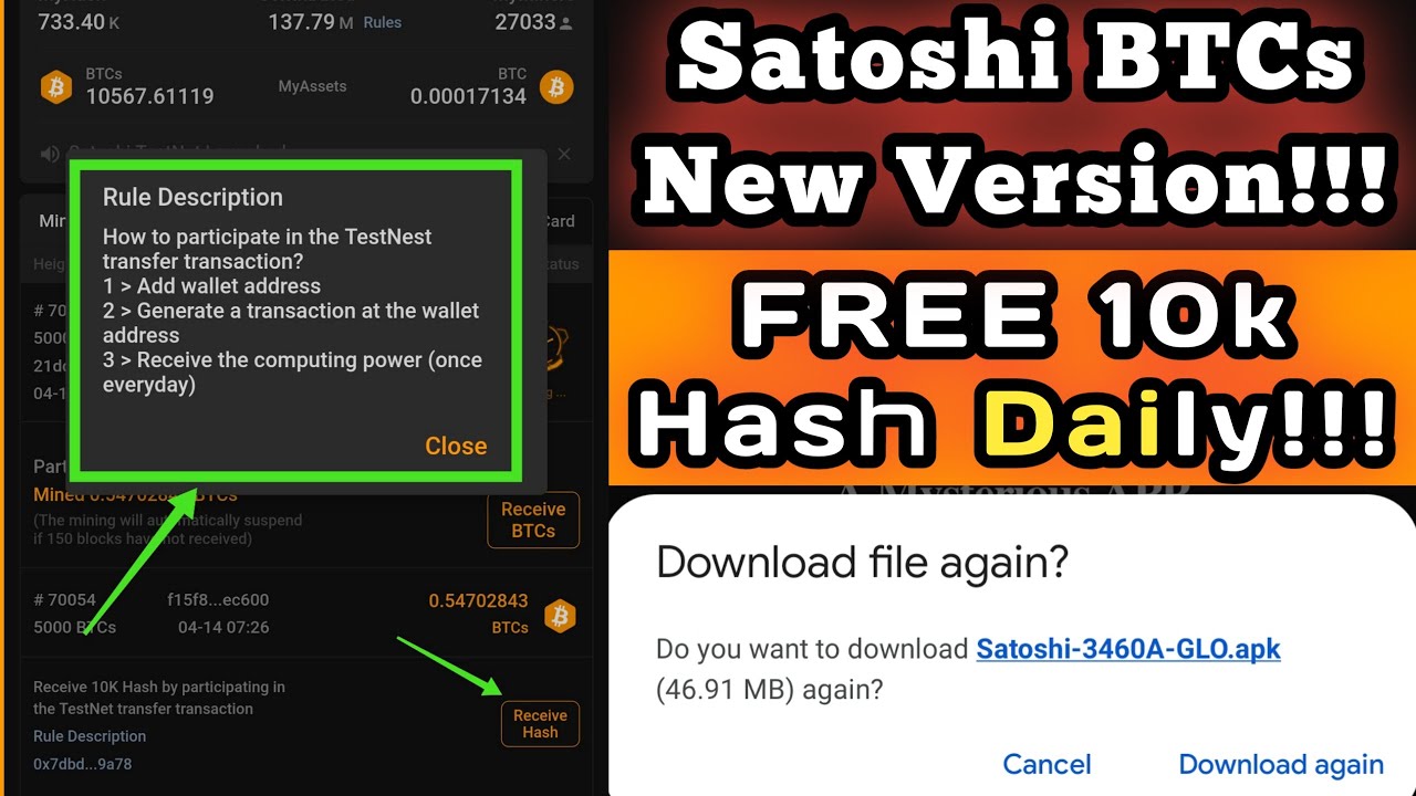 Satoshi BTCs 10k Free Hash ( New App Update!!) - version 3460A-GLO - CORE Mining - YouTube