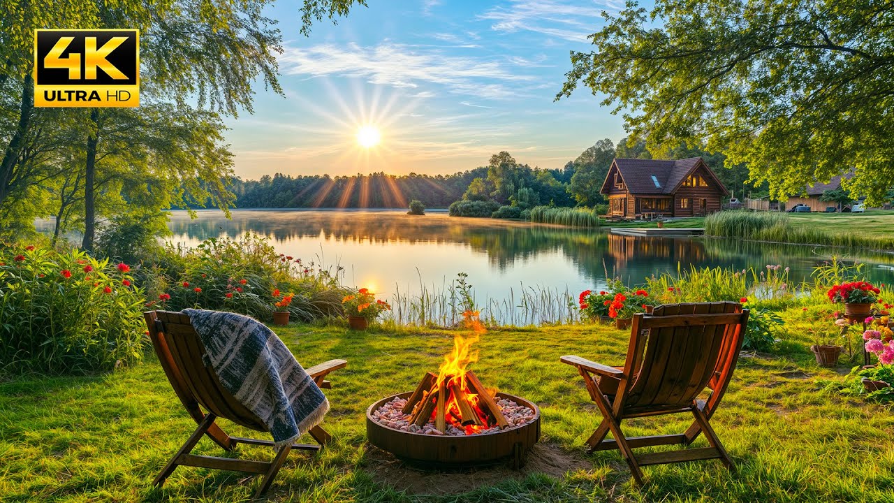 Relaxing Summer Morning at the Lake with Birds Singing and Fire ...