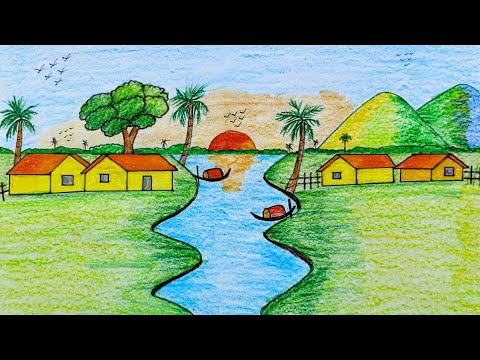 Beautiful Landscape Drawing With Pencil Color | Hillside Scenery ...