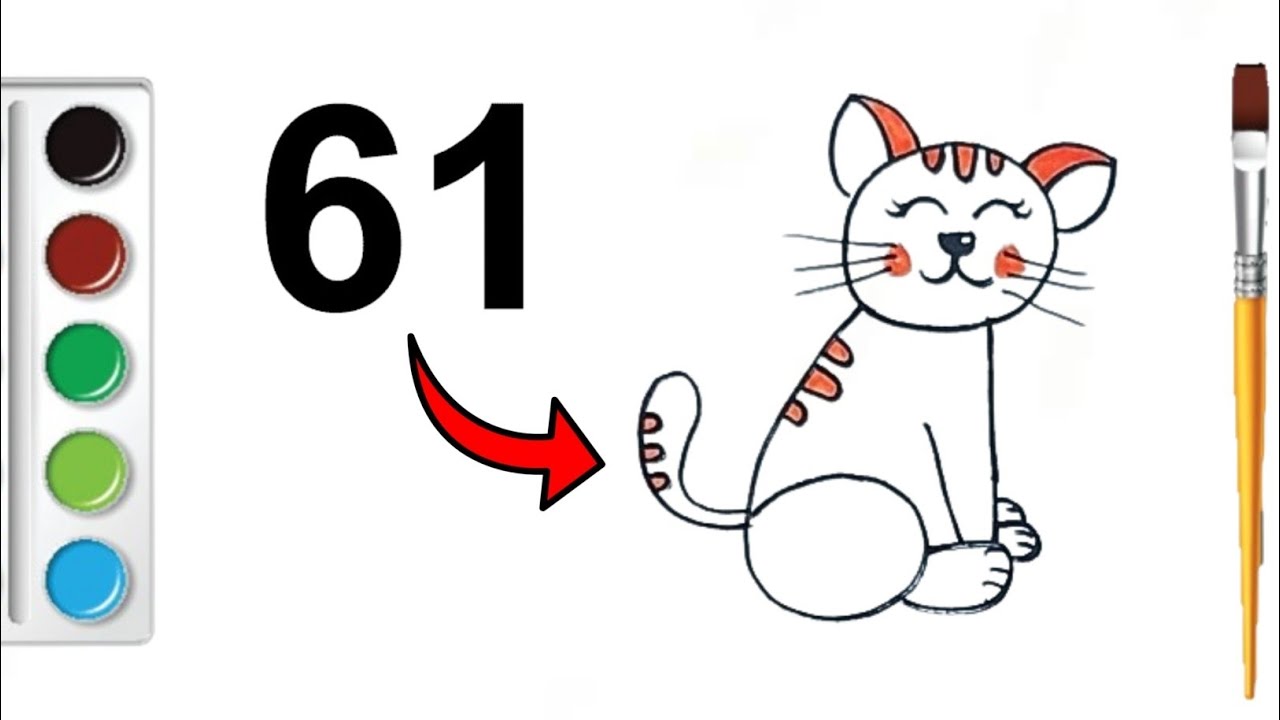 Draw Cat with number 61 easy step by step for kids and Toddlers - YouTube