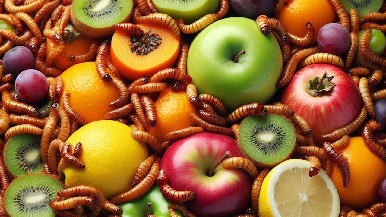 Mealworms eating persimmon, kiwi, sour lemon, apple and Grape ...
