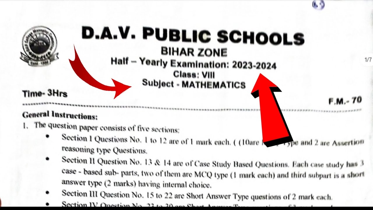 Dav Class 8 Maths Previous Year Half Yearly Question Paper 2023-24 ☝ ...