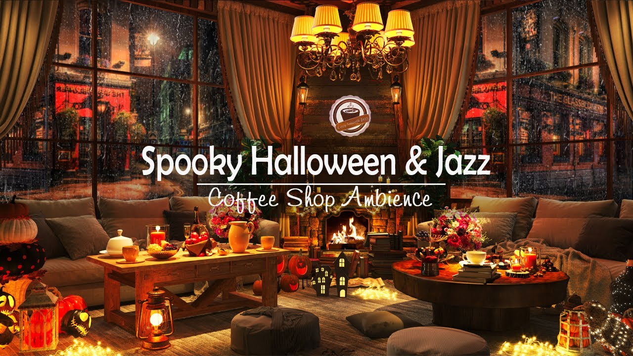 Spooky Halloween Fireplace Space with Relaxing Smooth Jazz Music in ...