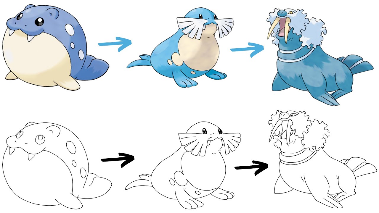 How To Draw SPHEAL SEALEO and WALREIN POKEMON | Pokemon Evolution - YouTube