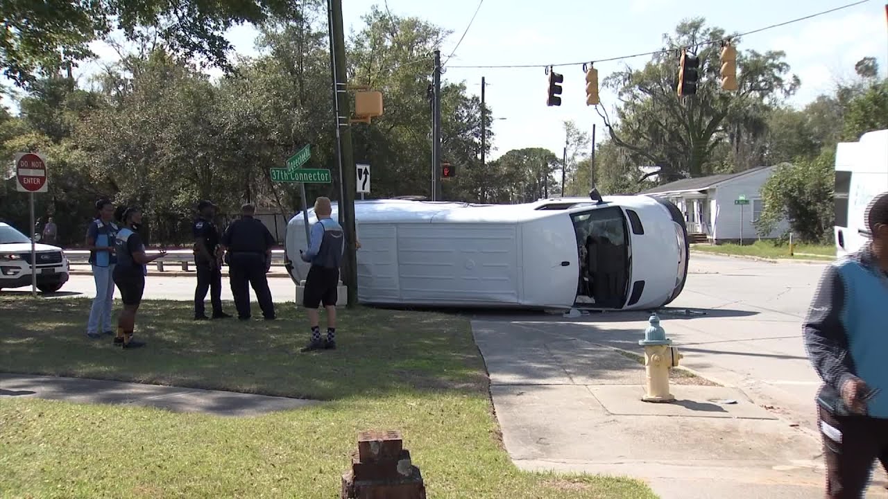 37th St. Conn. delivery van rollover crash scene video - YouTube