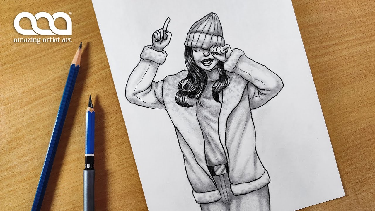Girl In Winter Coat With Cap Drawing | How To Draw A Girl In Winter ...