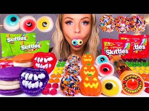 ASMR HALLOWEEN CANDY, EDIBLE FLASHLIGHT, PUMPKIN CANDY, SKITTLES, EYEBALL JELLY, MACARONS MUKBANG 먹방