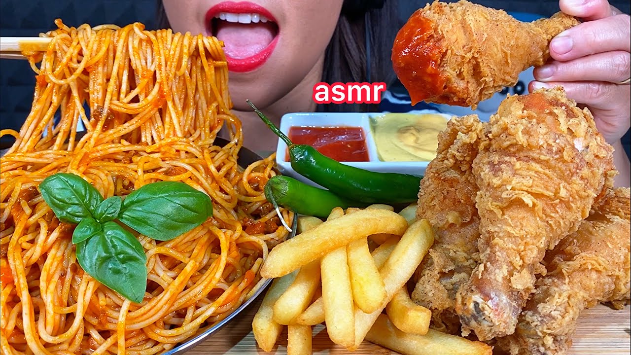 ASMR EATING TOMATO SPAGHETTI, FRIES, FRIED CHICKEN, HOT CHILLI 먹방 ...