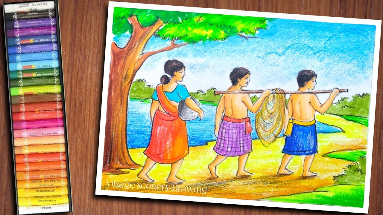 How to Draw Easy Village Scenery | Easy Human Figure Drawing | Oil ...