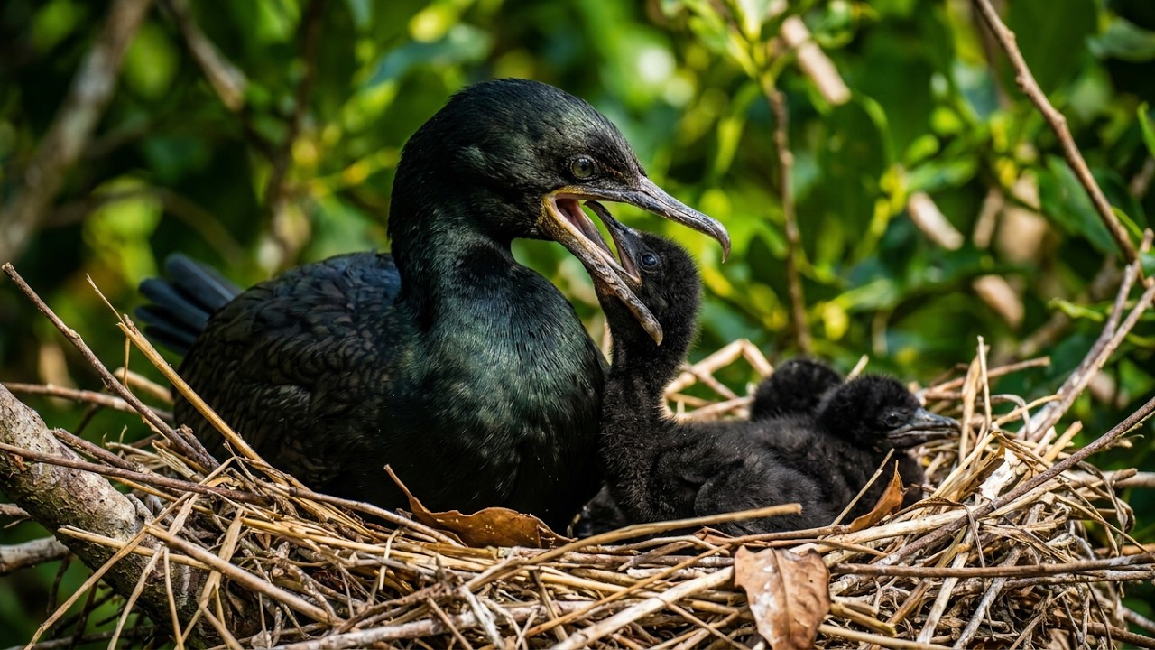 Ep. 181 Baby bird little black cormorant bumps into mother's mouth New ...