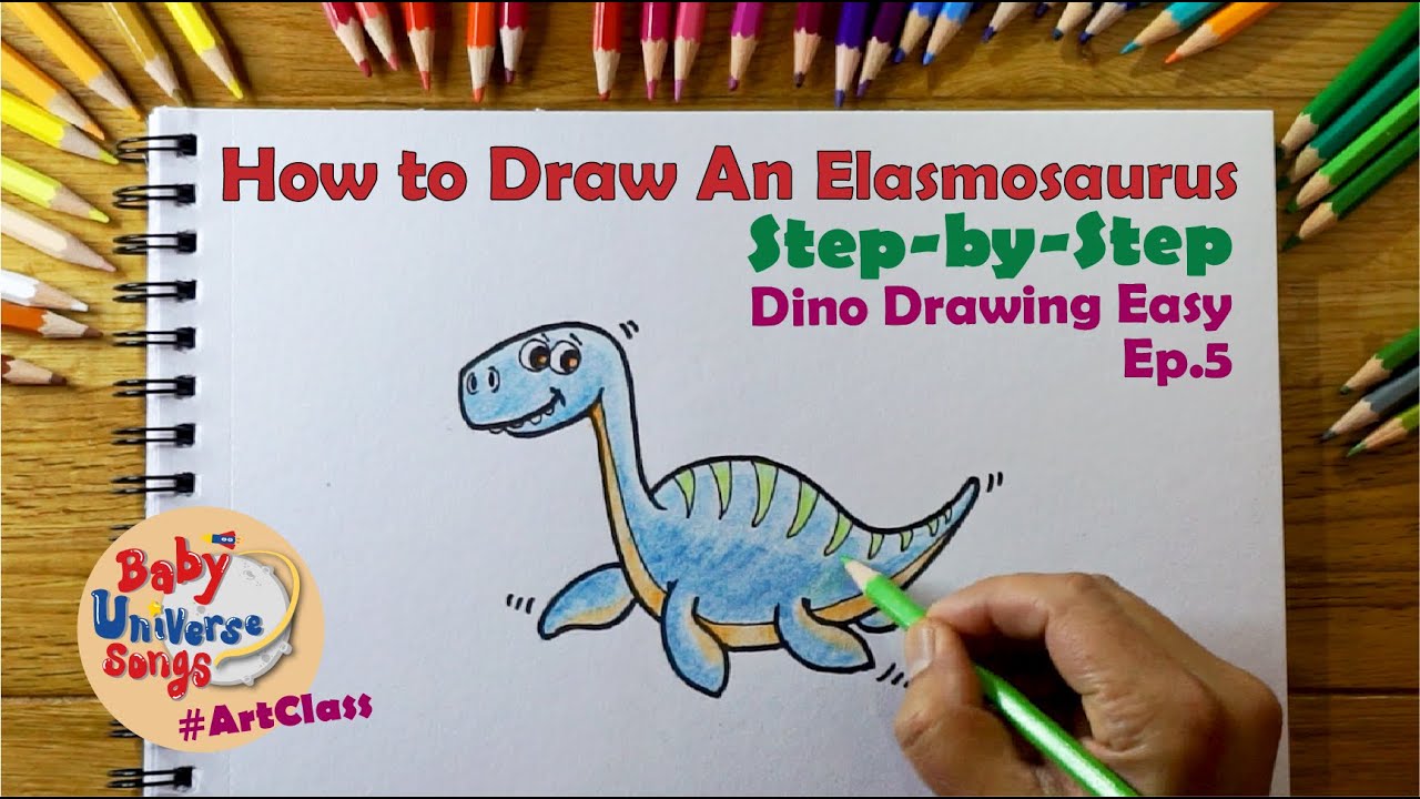 How to Draw An Elasmosaurus Dinosaur (Cartoon) | Step by Step | Baby ...