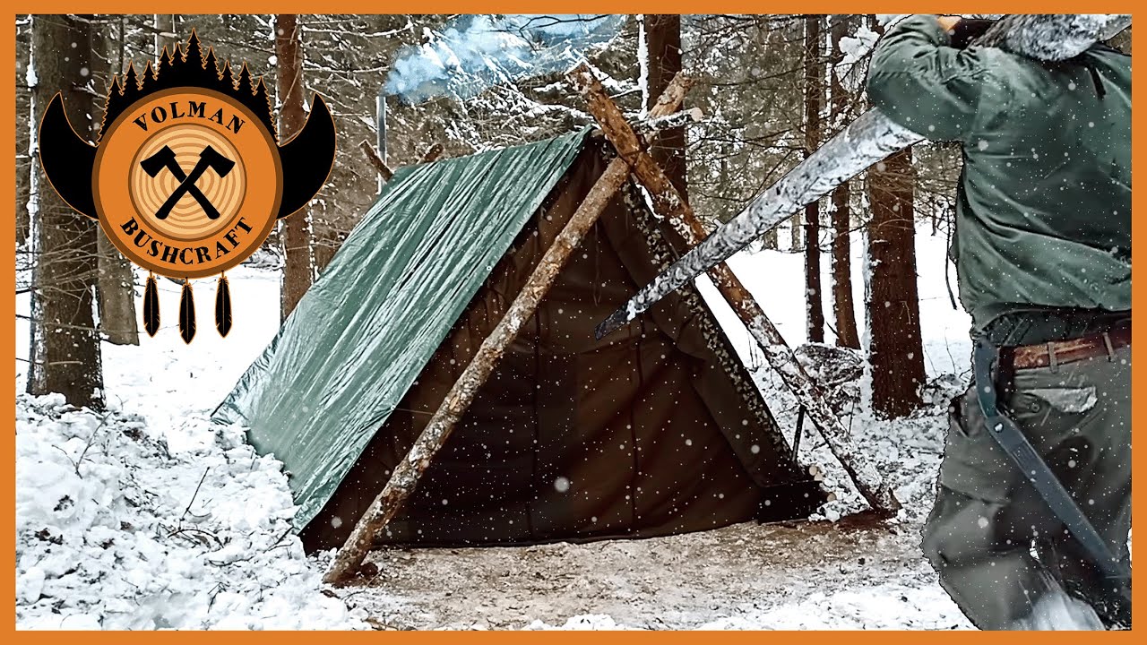 Winter Bushcraft Camping, Building HOT Shelter, Forest Cooking - YouTube