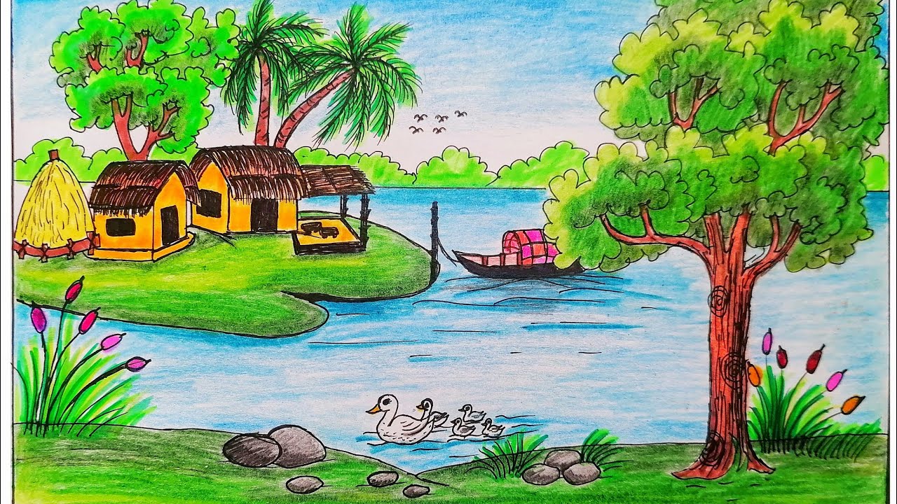 How to drawing beautiful place in village area | full video | 2 Sister ...