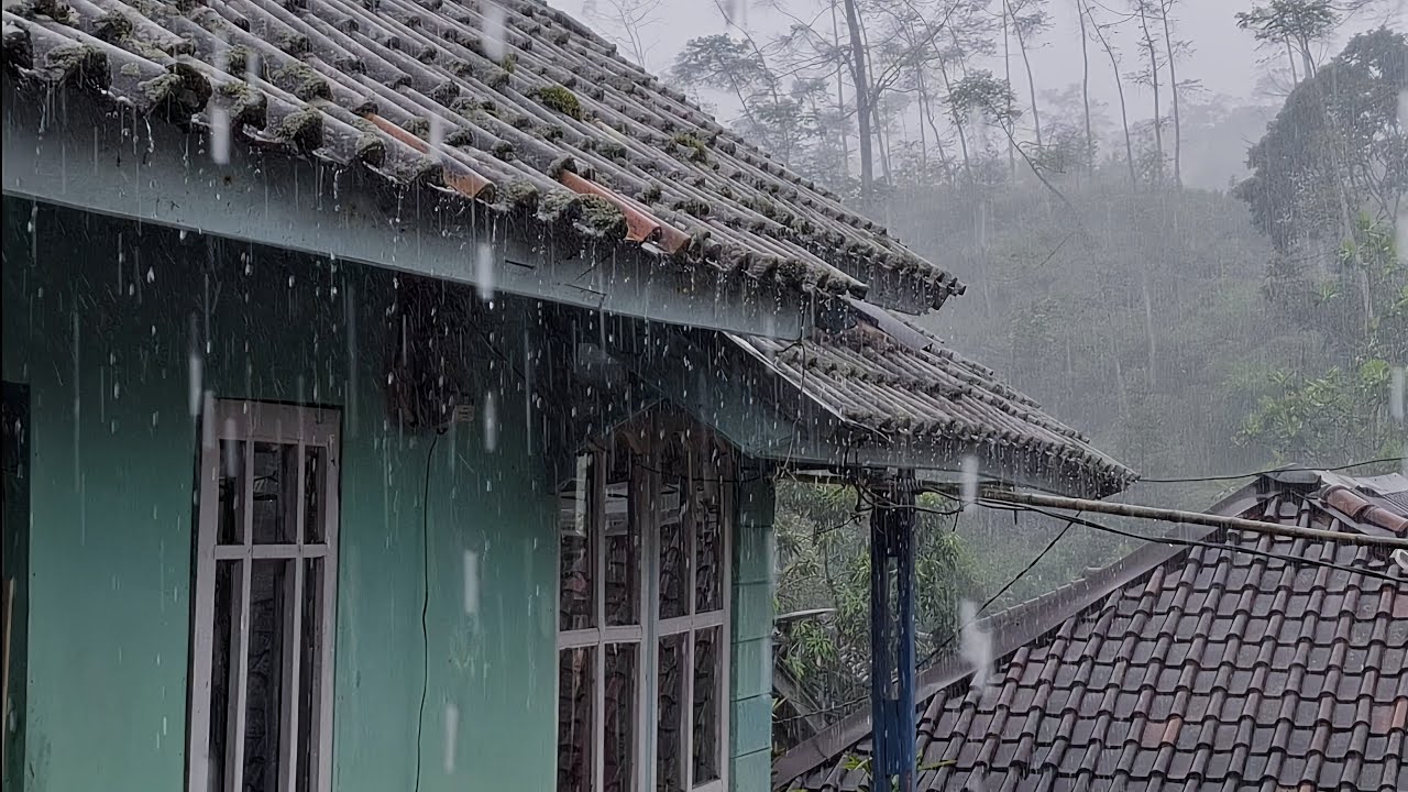 Heavy Rain & Thunderstorm on the Roof of a Rural House, the atmosphere ...
