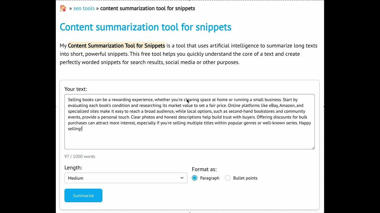 Content summarization tool for snippets - Free SEO tool - YouTube